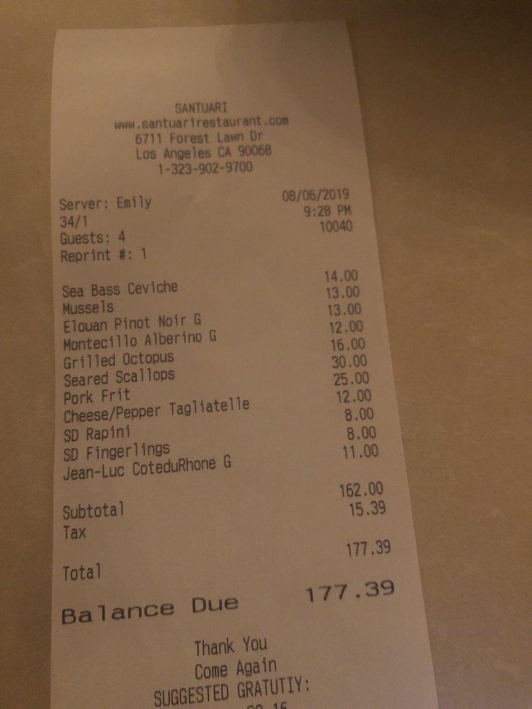 Menu at Santuari Restaurant, Los Angeles, Forest Lawn Dr