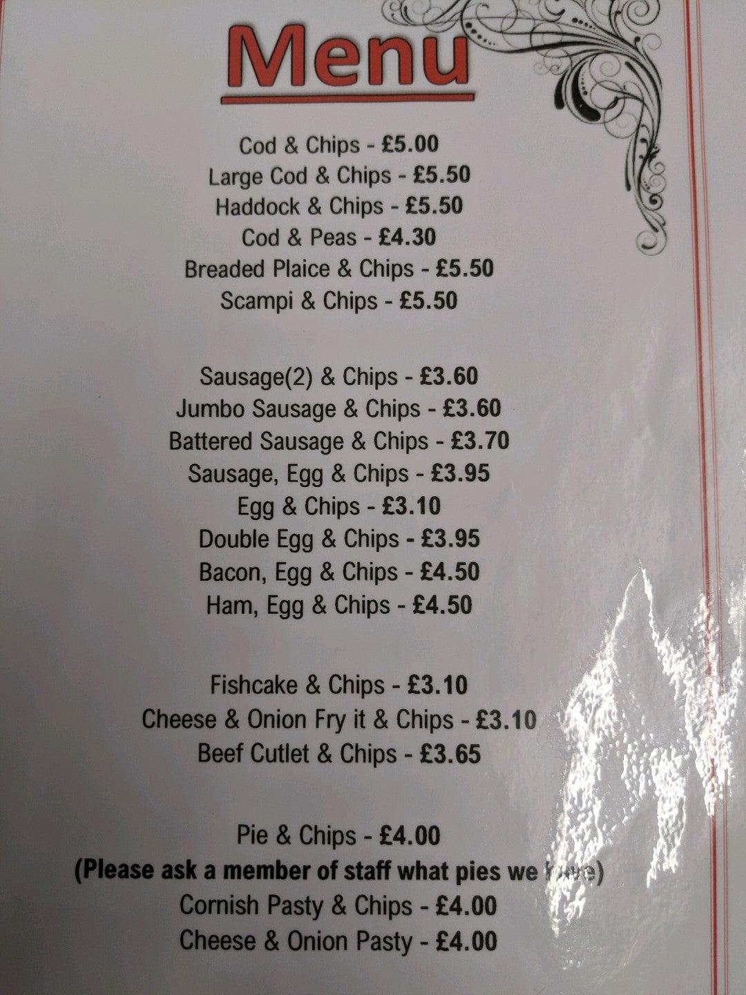 Carta del restaurante Valla's Fish & Chip Shop, Bangor