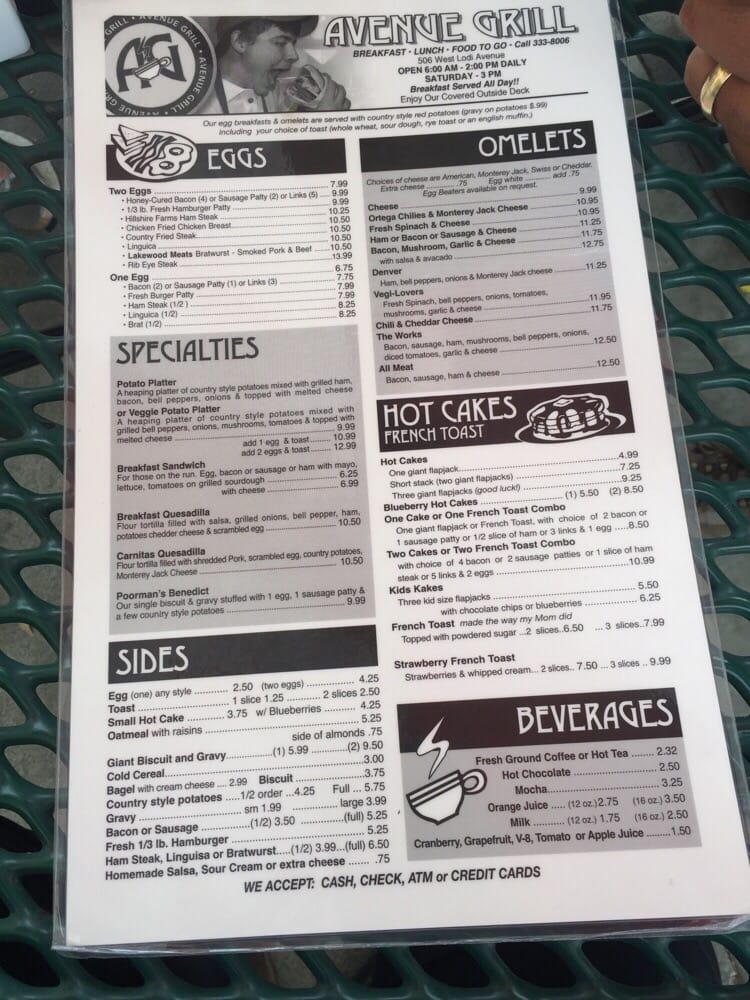 Menu at Avenue Grill restaurant, Lodi