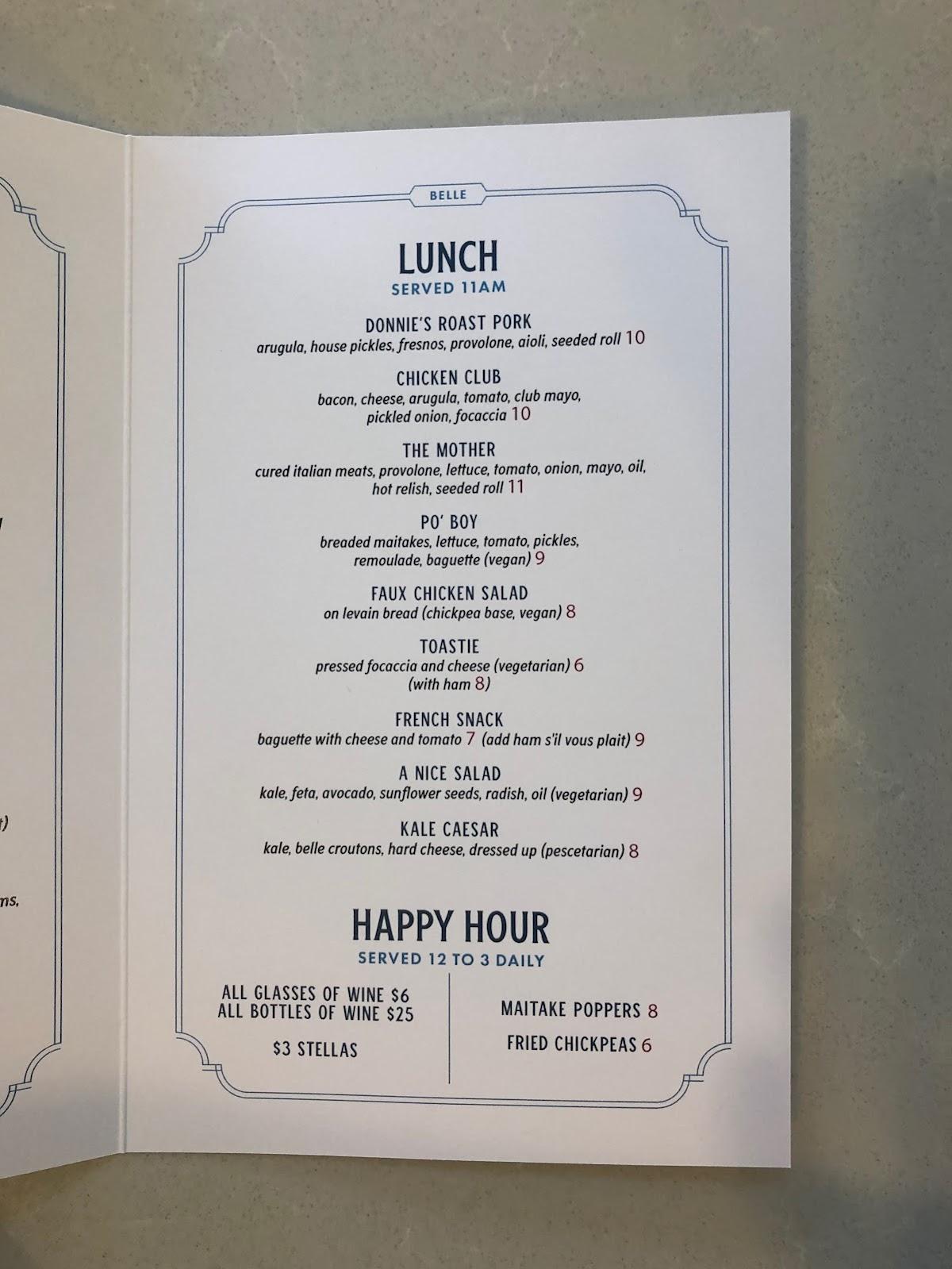 Menu at Belle restaurant, Charlottesville