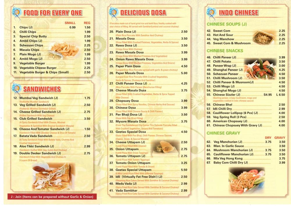 Menu at Geetas Fast Food, Leicester