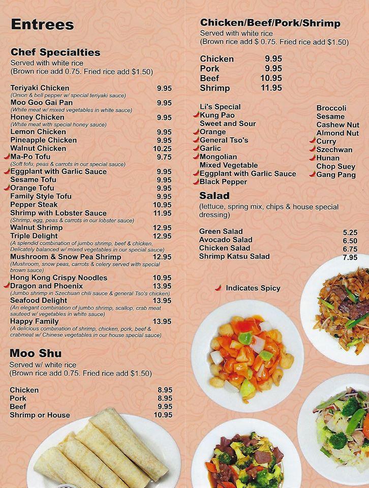 Menu at Li's Asian restaurant, Tempe