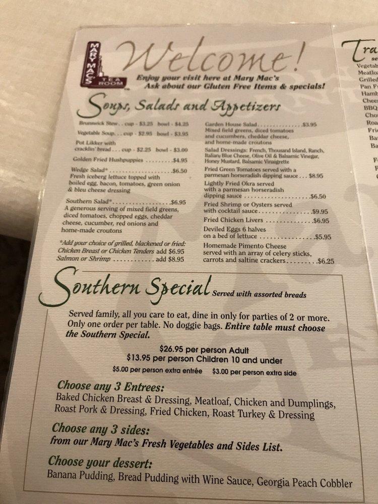 Menu at Mary Mac's Tea Room pub & bar, Atlanta