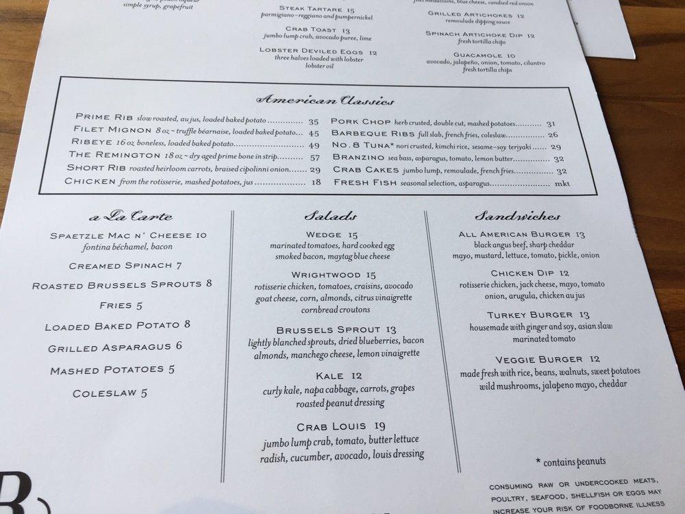 Menu at Remington's steakhouse, Chicago