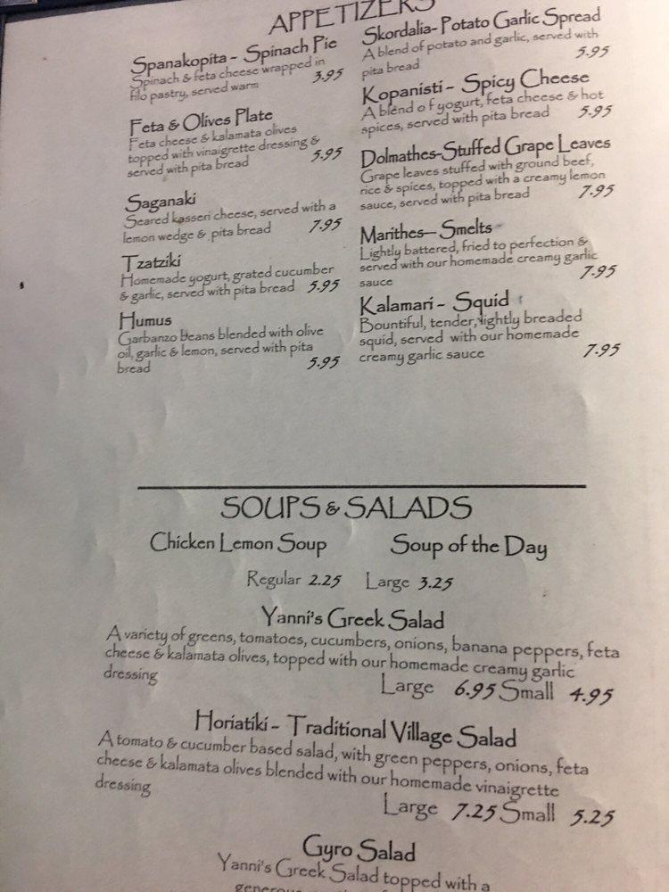 Menu at Yanni's Greek Restaurant, Columbus