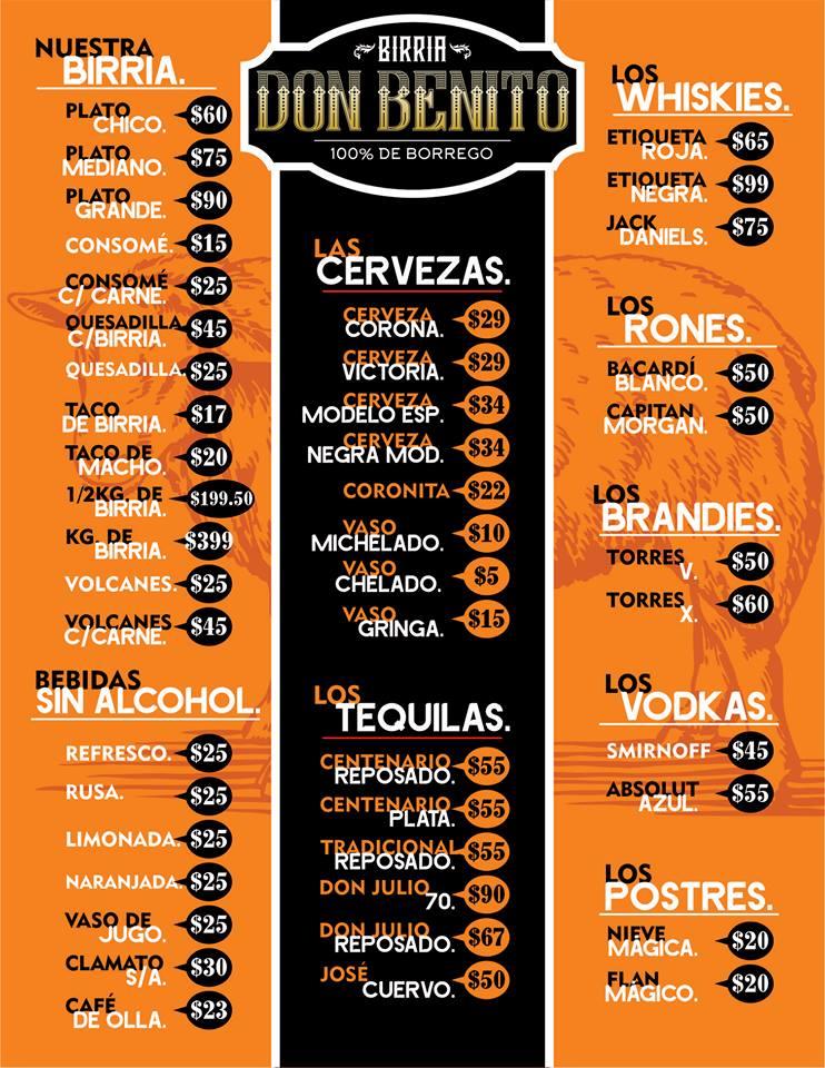 Menu at Birria Don Benito restaurant, Centro de Arriba