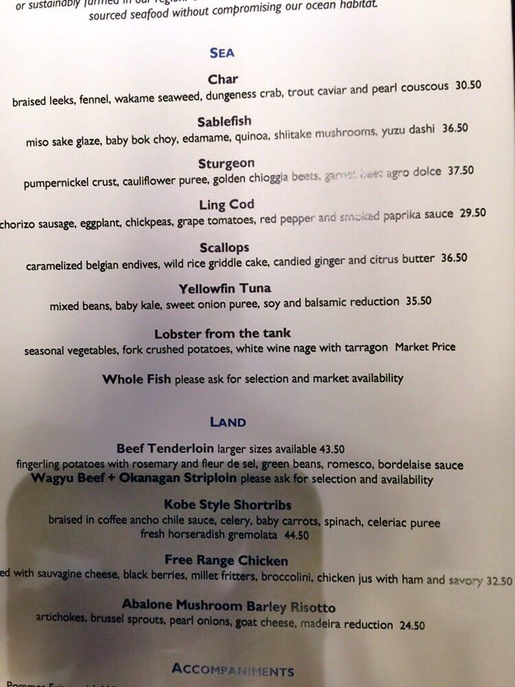 Menu at Blue Water Cafe, Vancouver