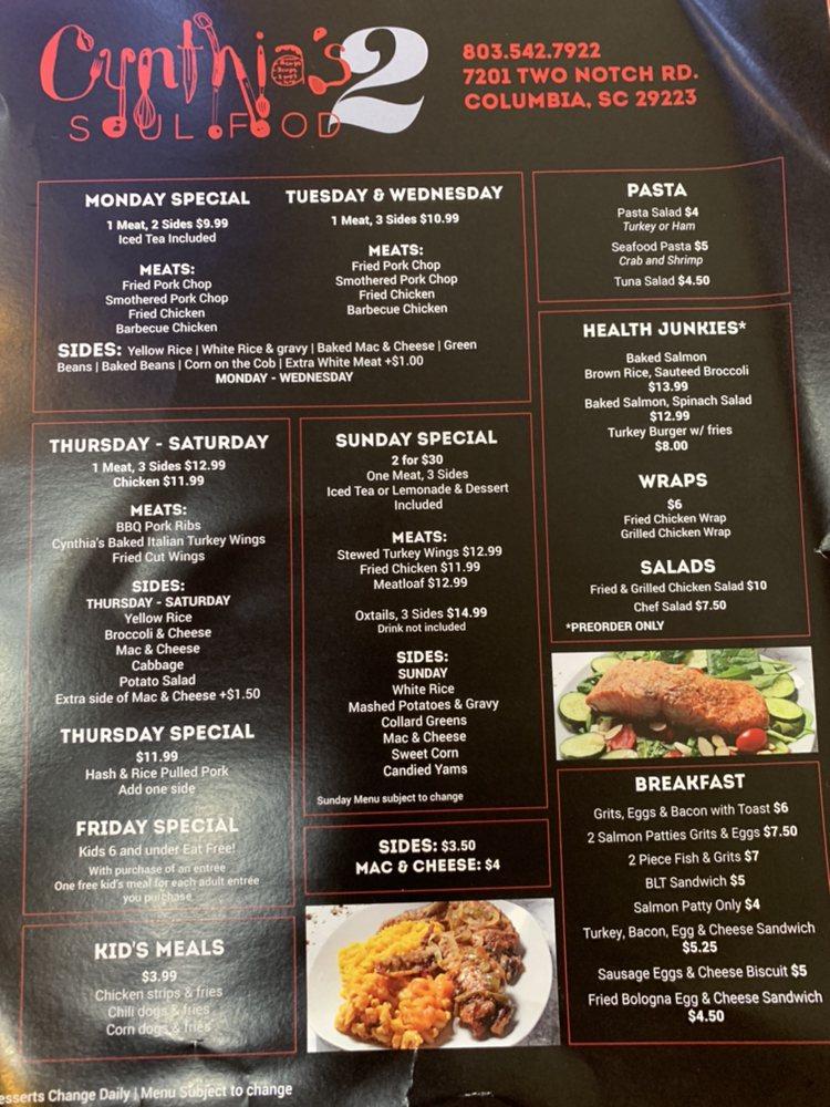 Menu at Cynthia SOUL FOOD, Columbia
