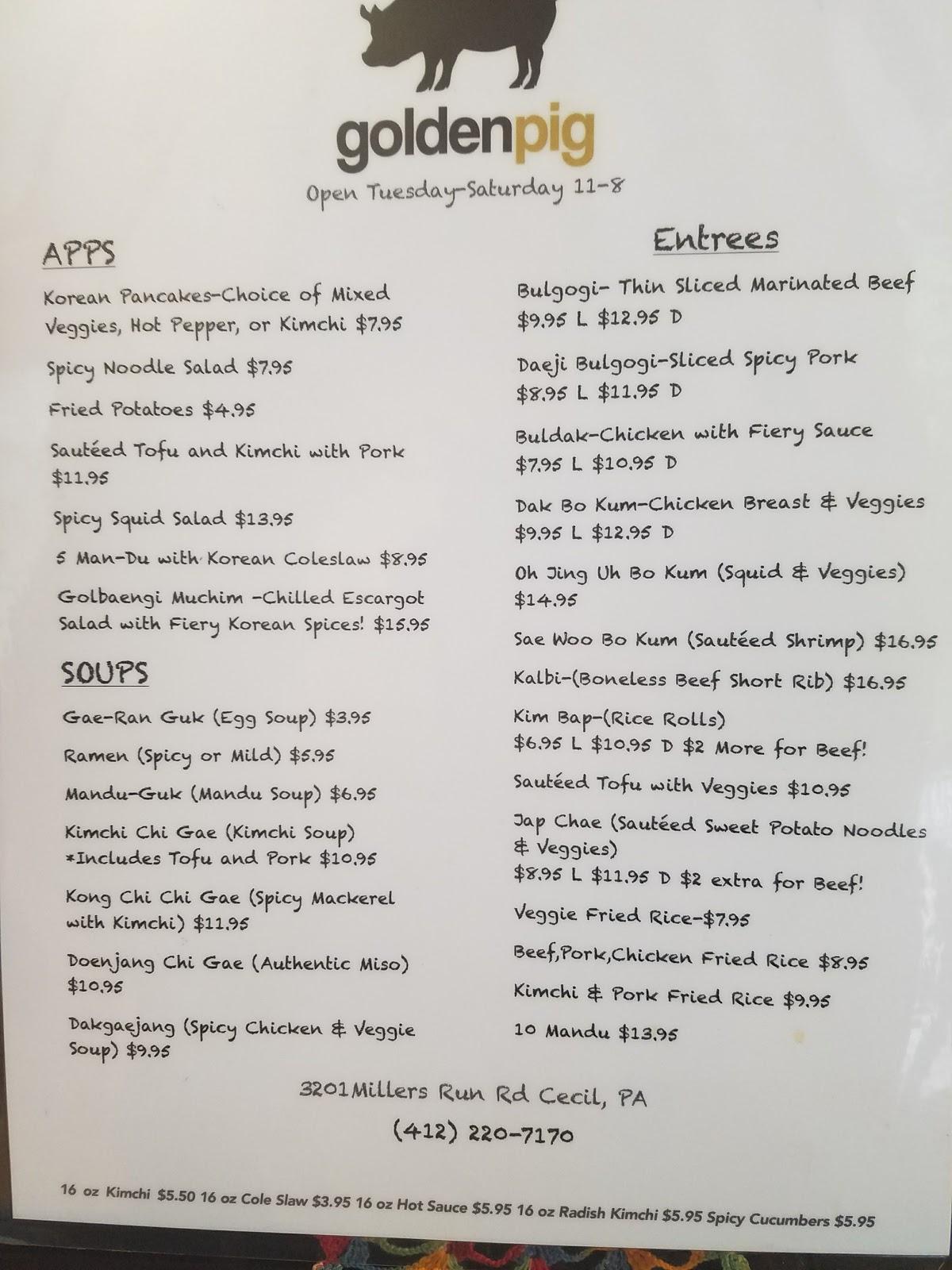 Menu at Golden Pig restaurant, Cecil-Bishop