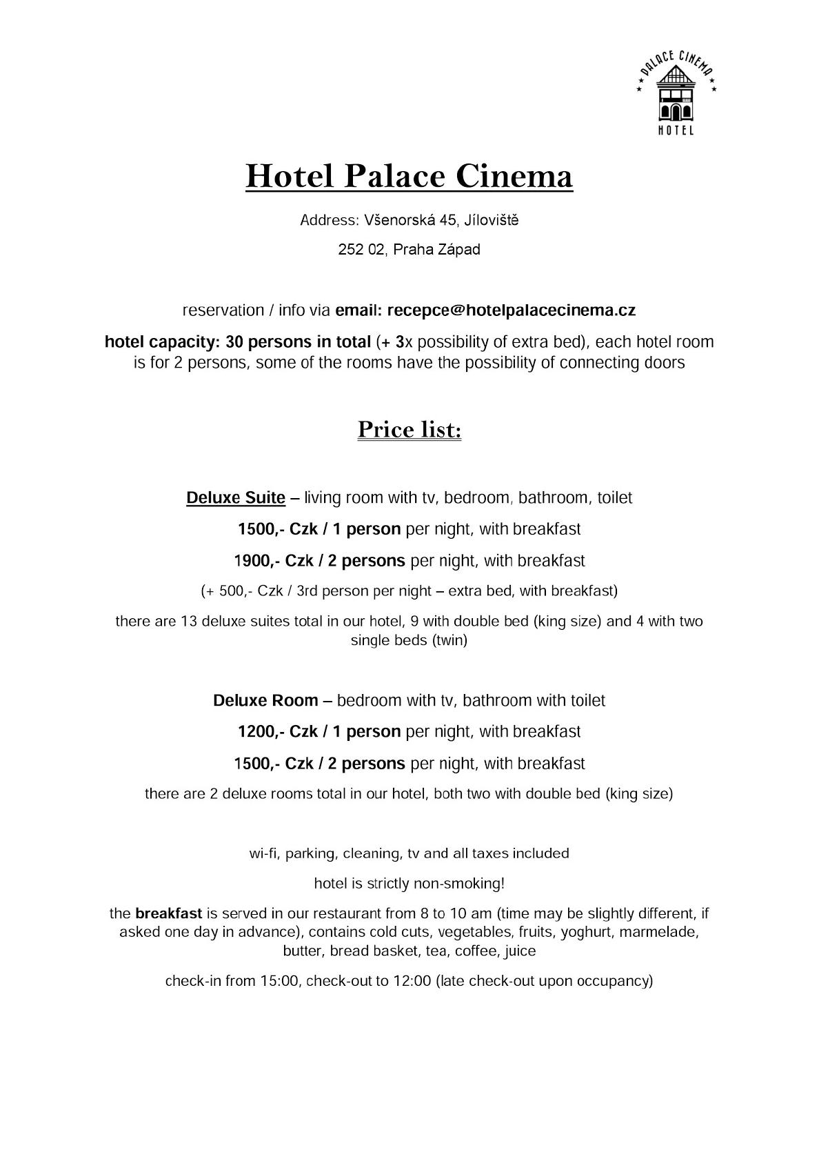 Menu at Hotel Palace Cinema restaurant, Jíloviště