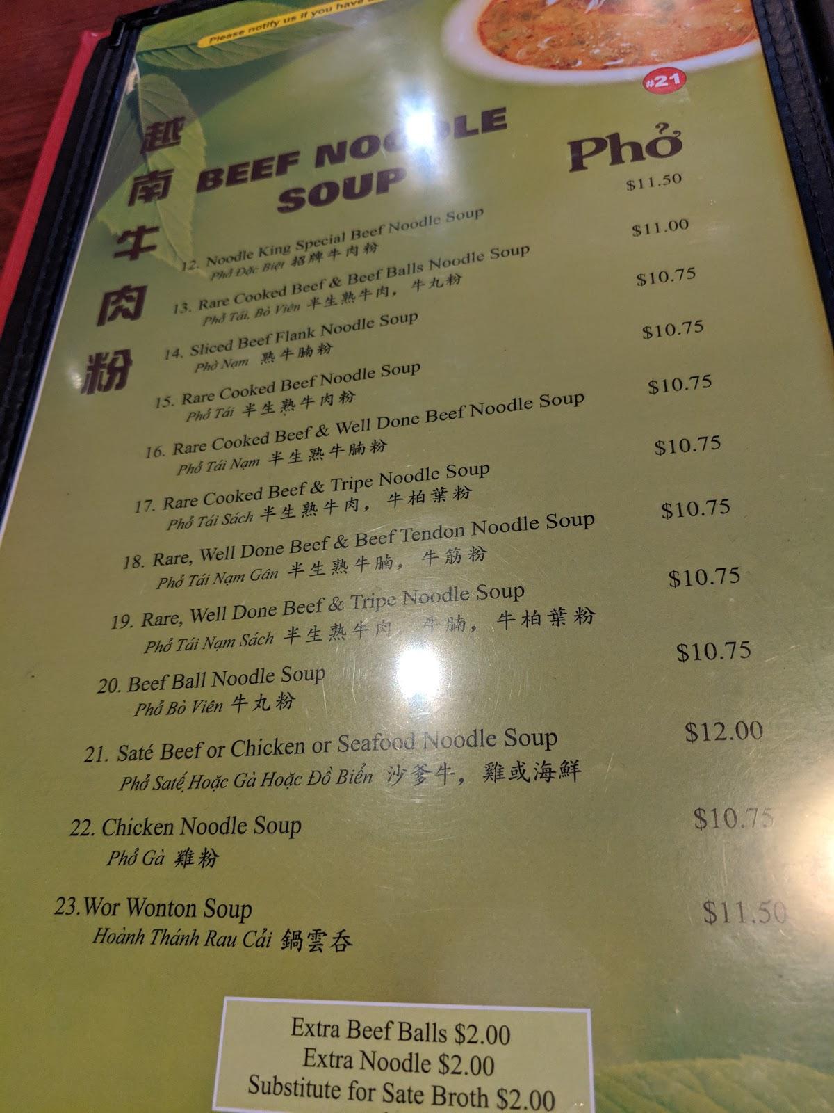 Menu at Noodle King Vietnamese Restaurant, Calgary