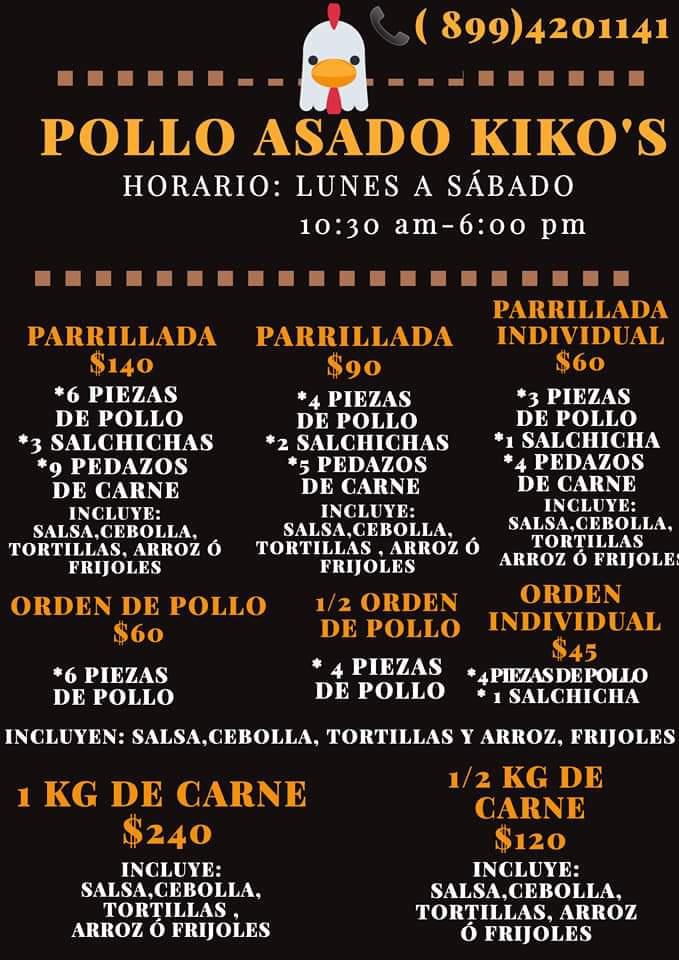 Menu at Pollo asado kiko's restaurant, Reynosa