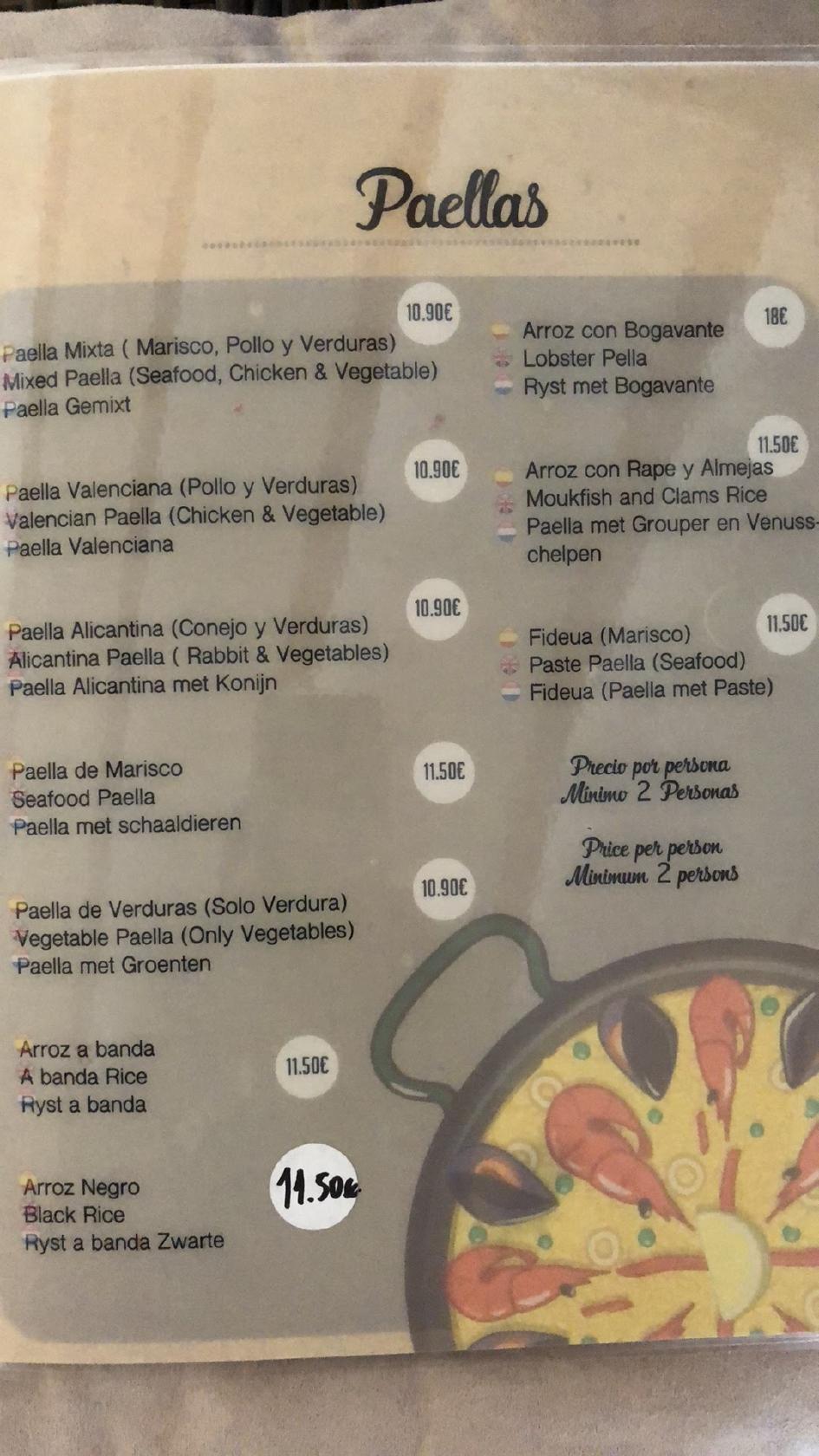 Carta de Restaurante los Ranchos, Benidorm