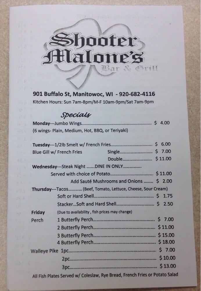 Menu at Shooter Malone's pub & bar, Manitowoc