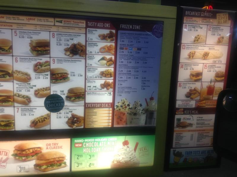 Menu at Sonic Drive-In fast food, Schertz, Corridor Loop Rd