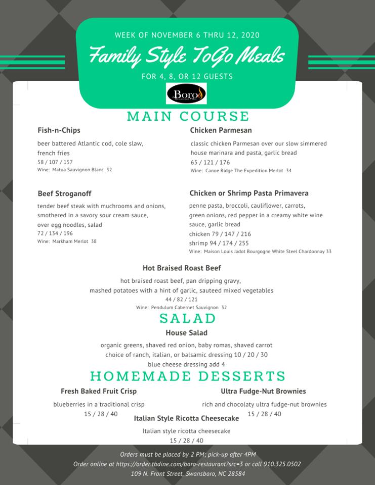 Menu at The Boro Restaurant & Bar, Swansboro
