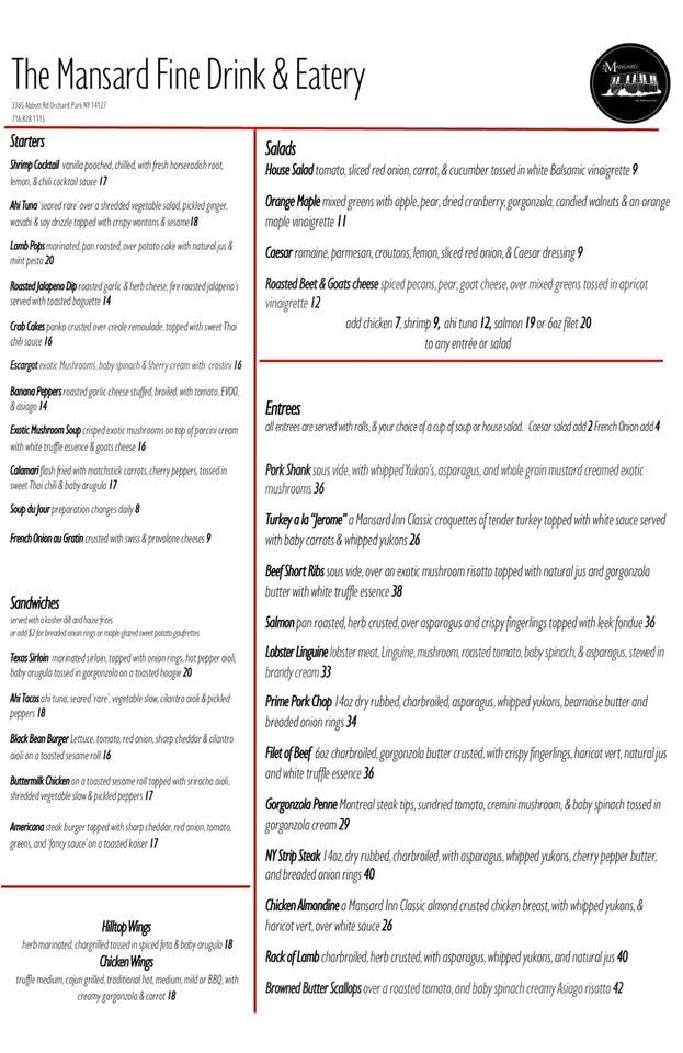 Menu at The Mansard restaurant, Orchard Park
