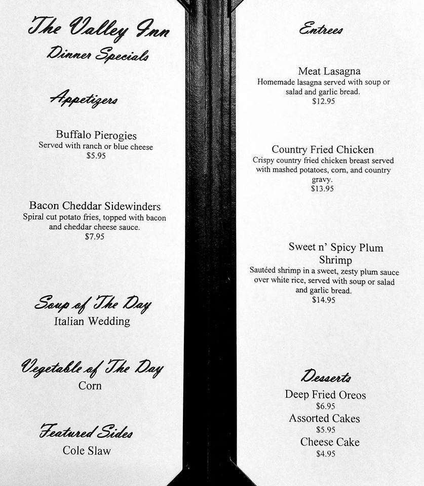 Menu at Valley Inn pub & bar, Williamsport