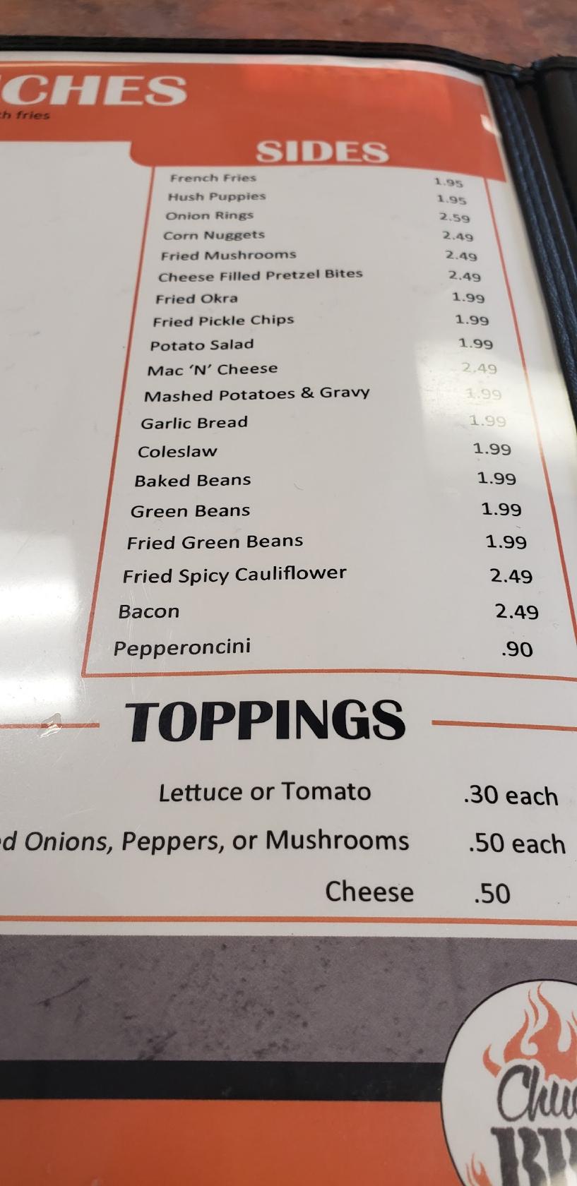 Menu at Chuck's BBQ, Herrin