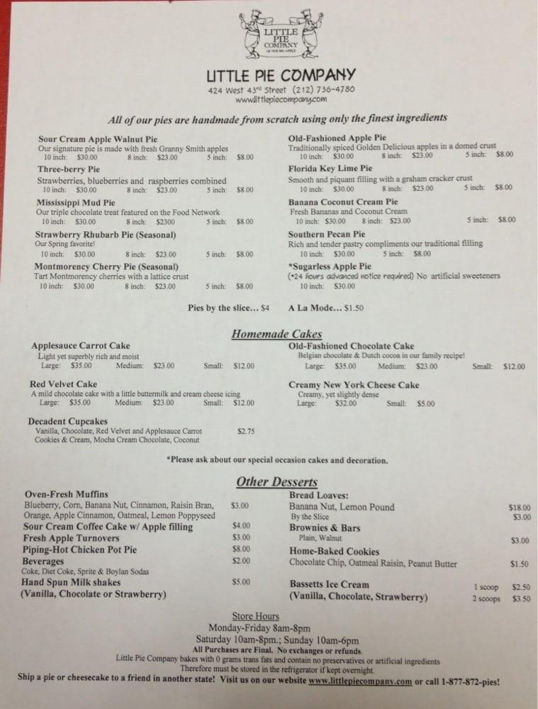 Menu at Little Pie Company desserts, West New York, 424 W 43rd St