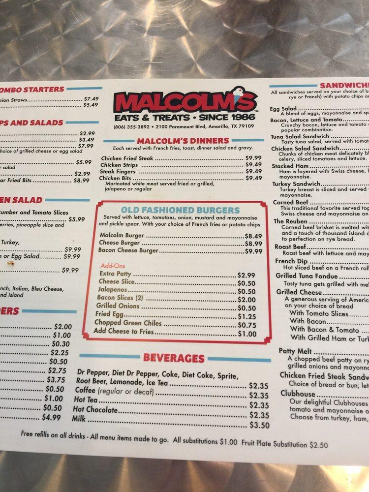 Menu at Malcolm's Ice Cream & Food restaurant, Amarillo