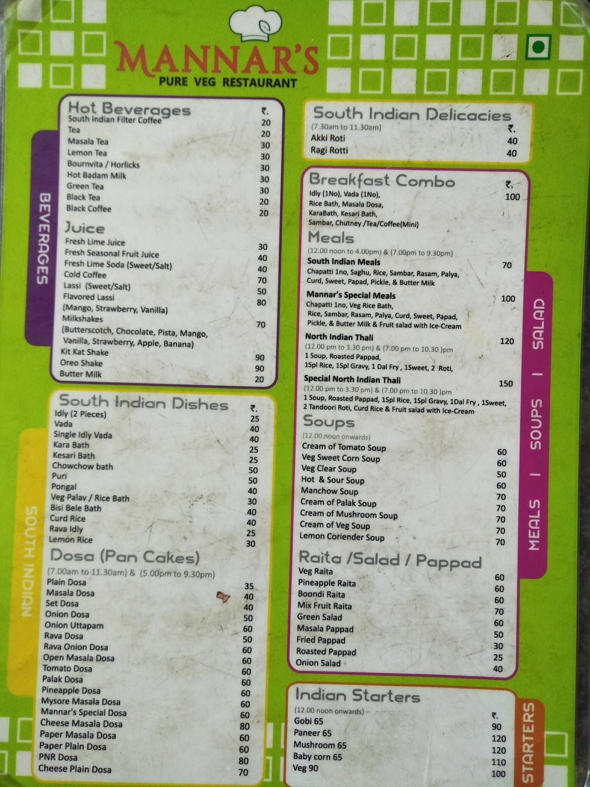 Menu at Mannar's Pure Veg Restaurant, Mysuru