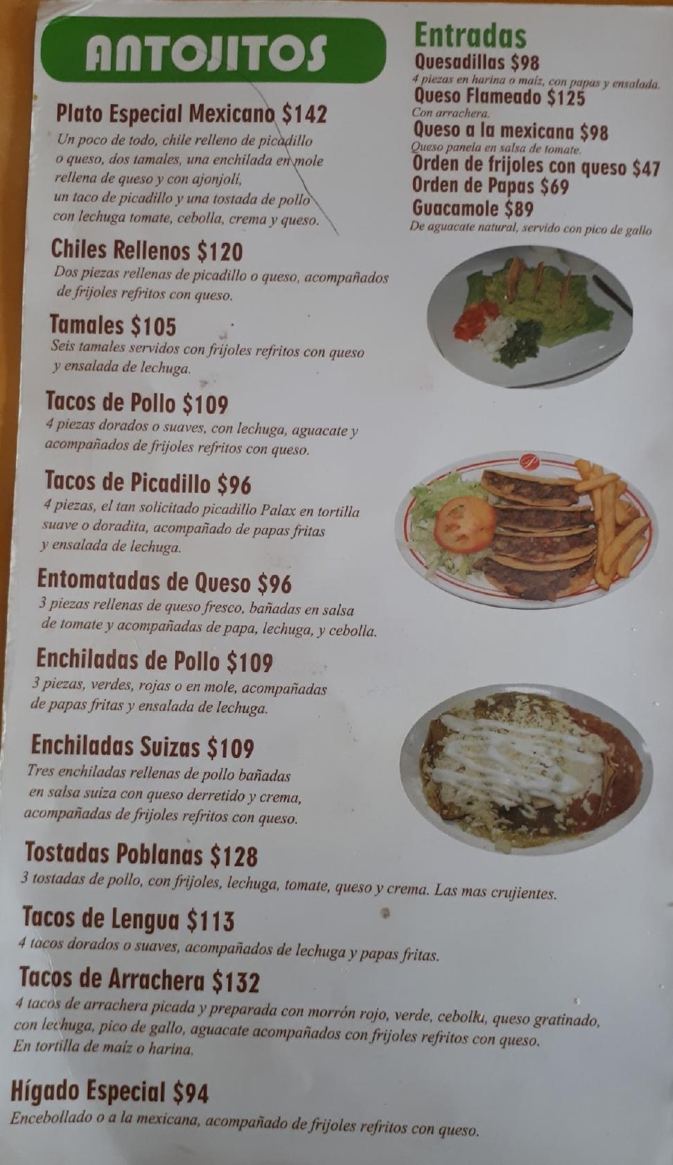 Carta de Restaurant Palax, Monterrey, Av. Madero
