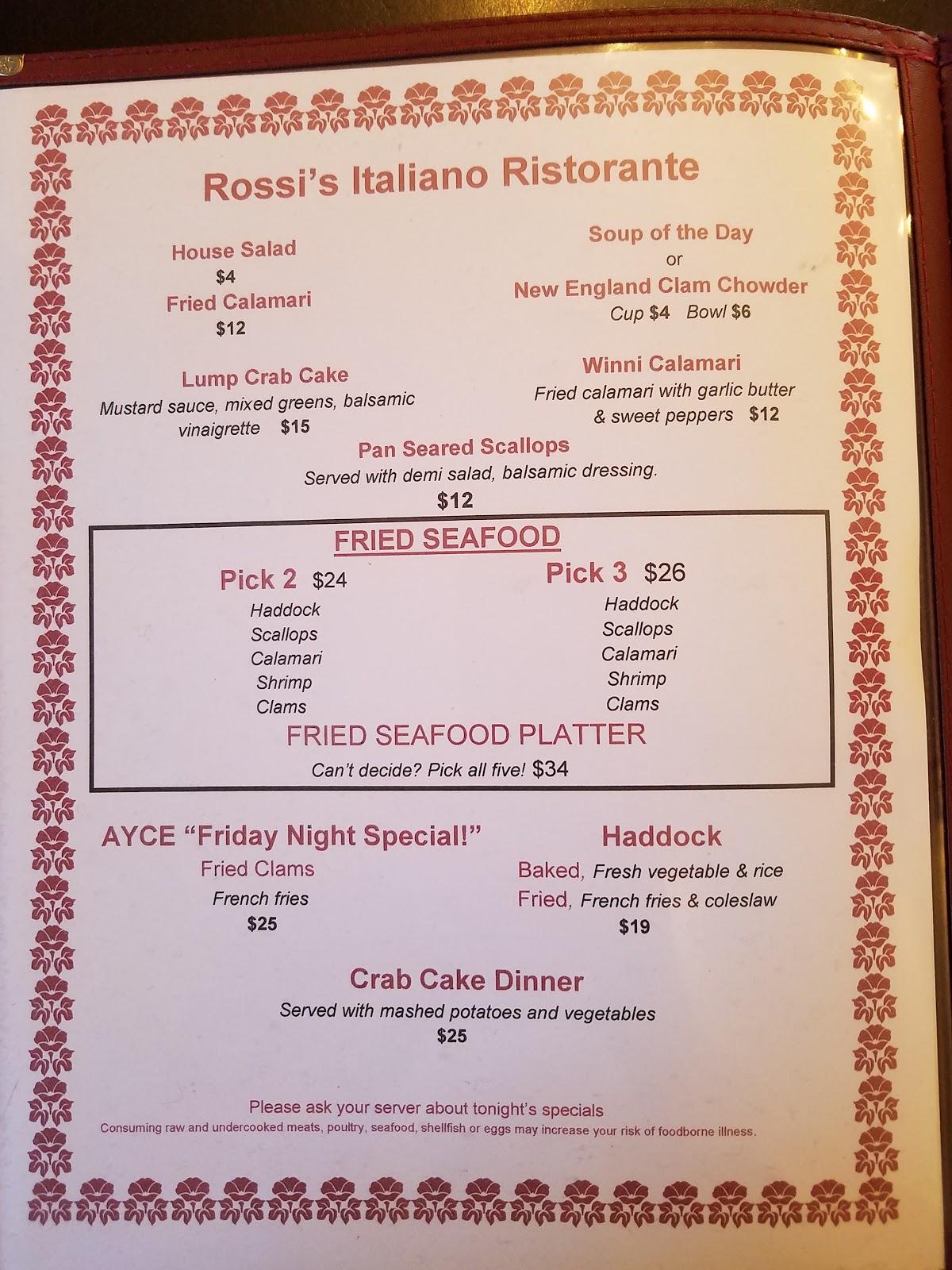 Menu at Rossi's pizzeria, New Hampton