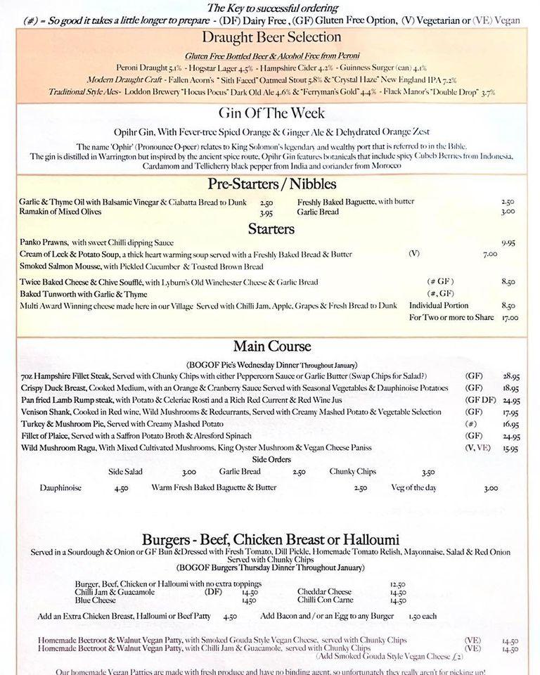 Menu at The Fur & Feathers pub & bar, Basingstoke