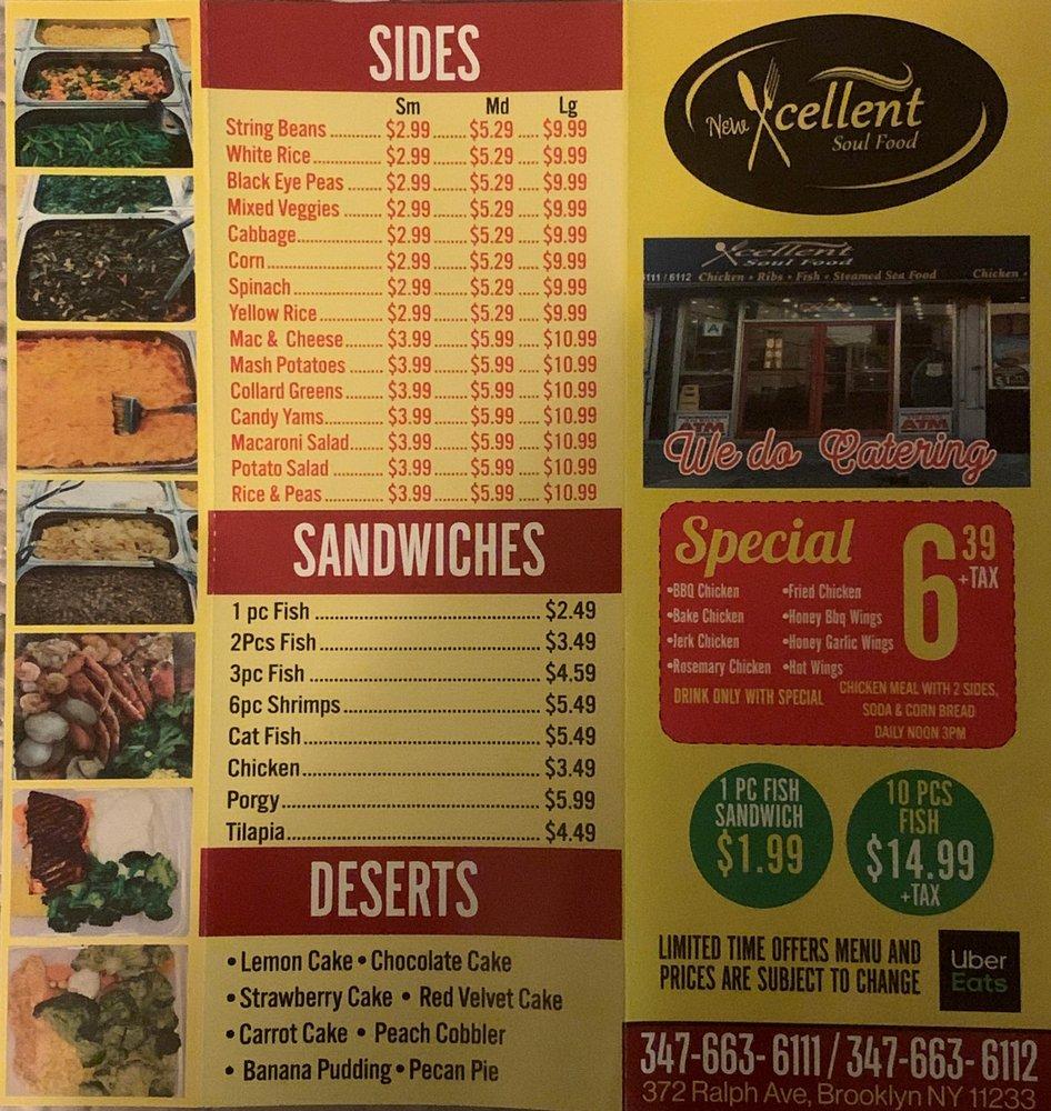 Menu at Xcellent Soul Food restaurant, New York City