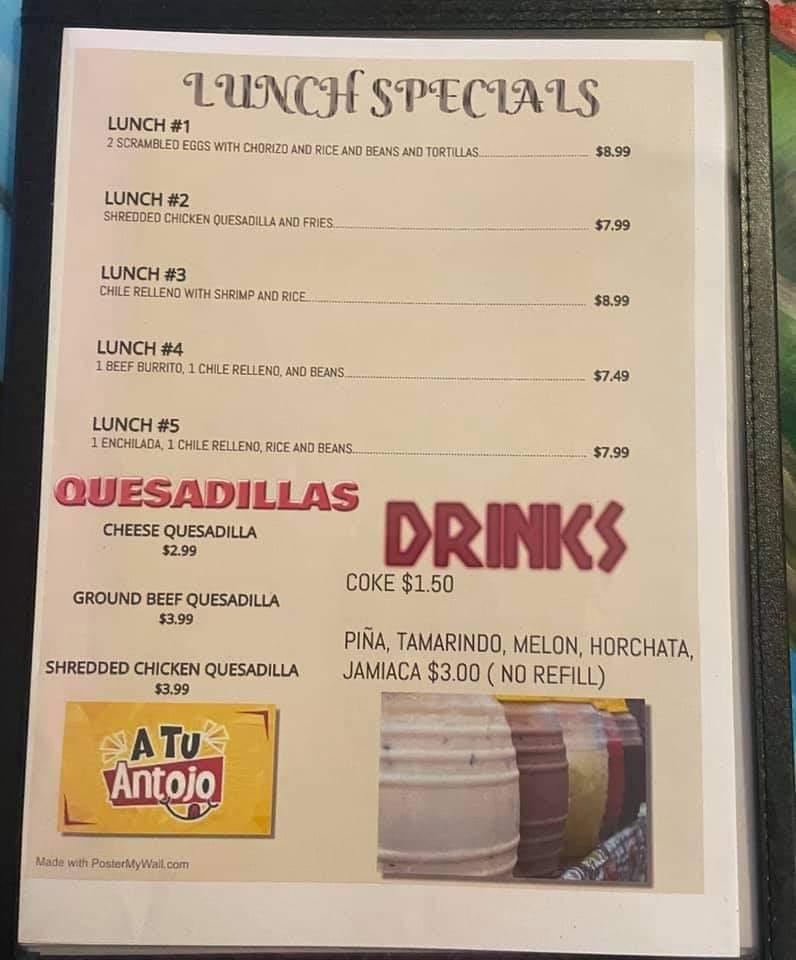 Menu at Antojitos Latinos restaurant, Glennville