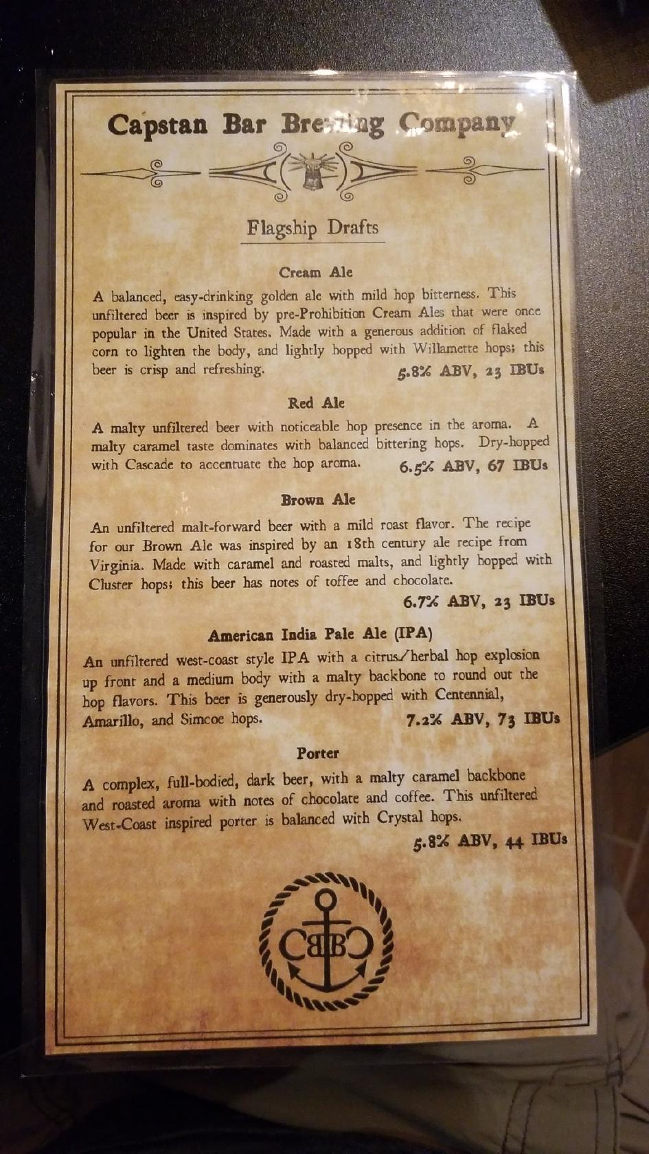 Menu at Capstan Bar Brewing Company, Hampton