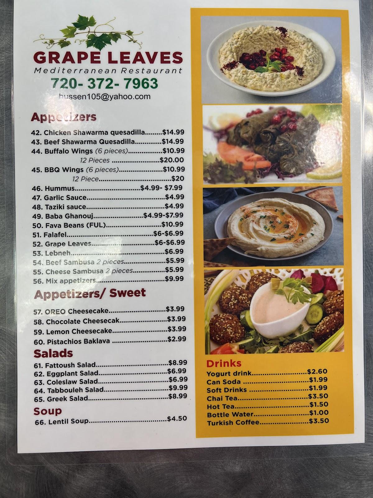 Menu at Grape Leaves Restaurant, Aurora
