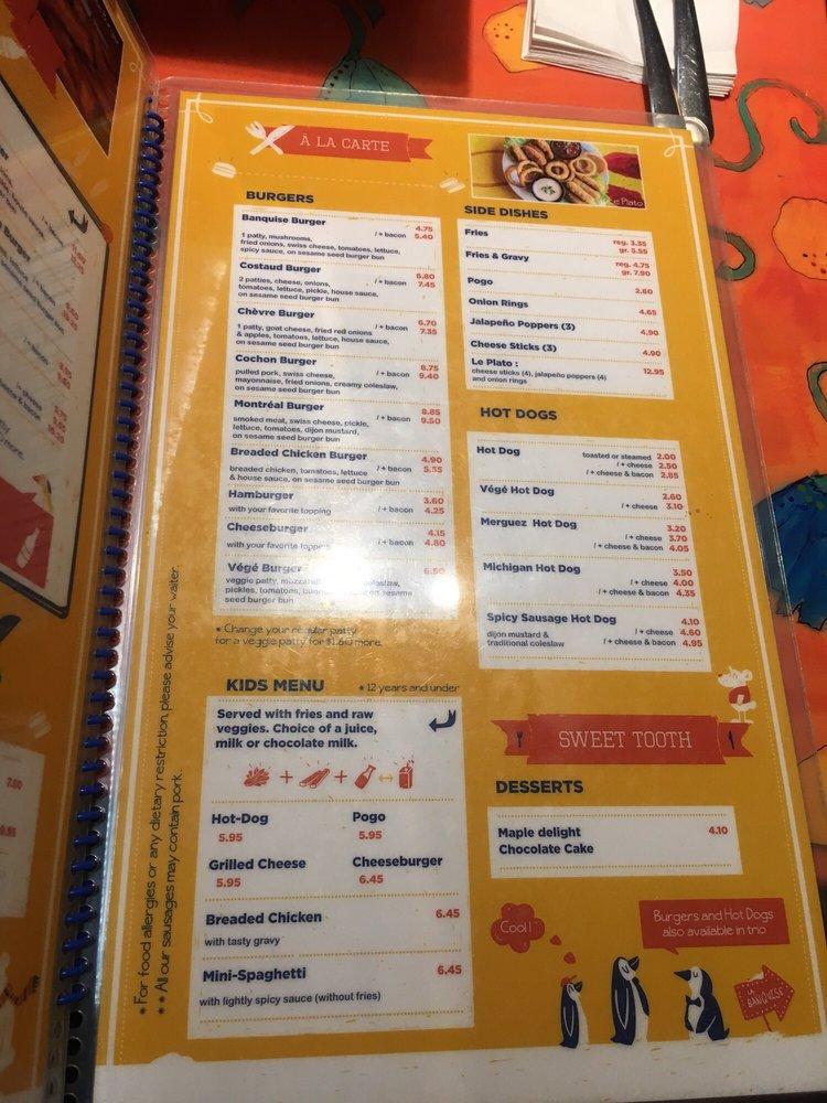 Menu at La Banquise restaurant, Montreal