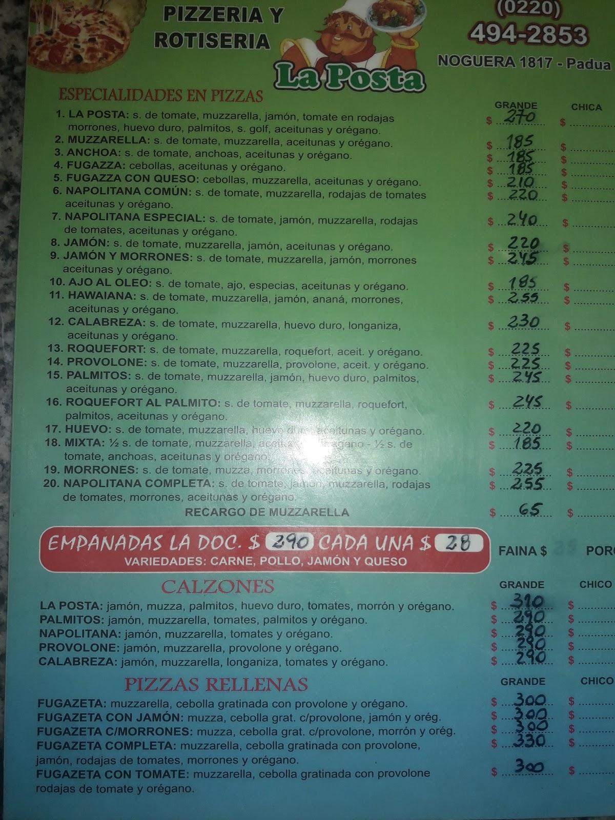 Carta del restaurante La Posta, San Antonio del Padua