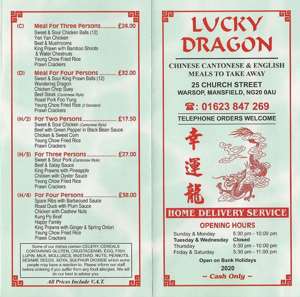 Menu at Lucky Dragon fast food, Mansfield