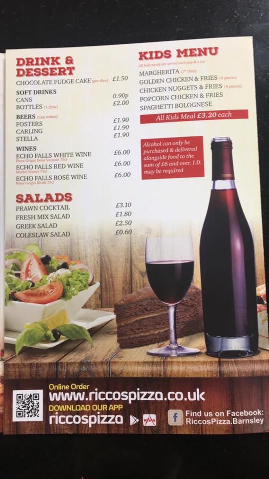 Menu at Ricco's Pizza pizzeria, Barnsley