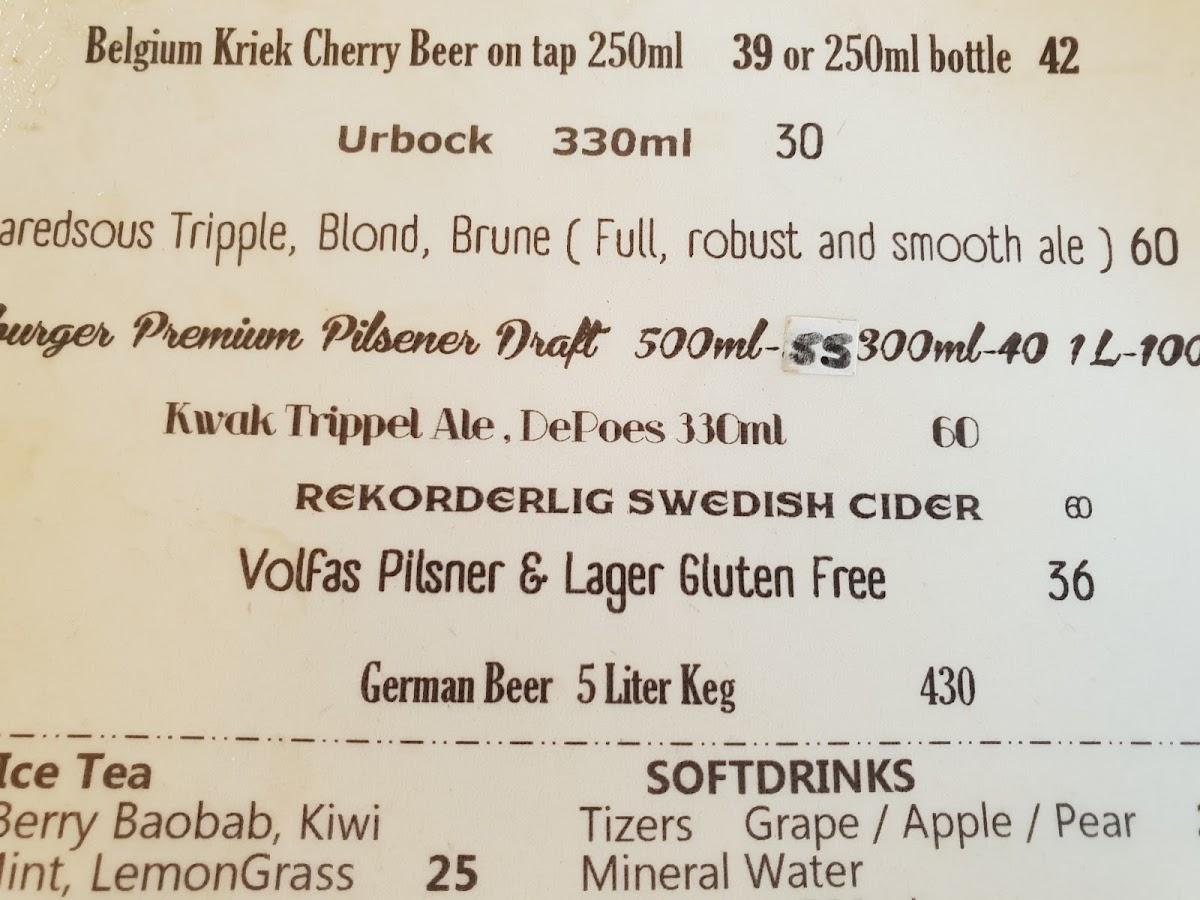 Menu at Roter Hahn restaurant, Clarens
