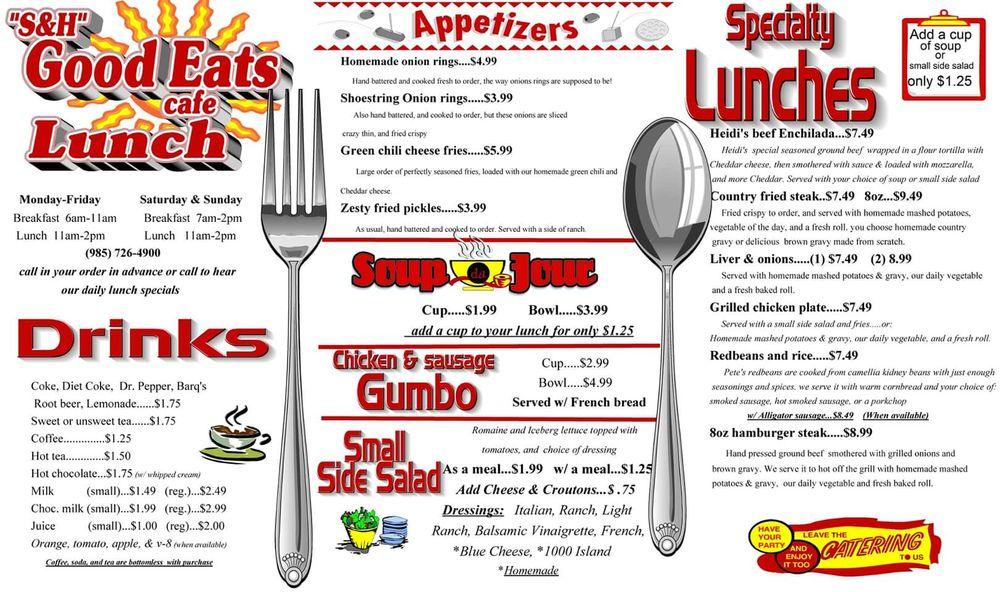 Menu at S & H Good Eats Cafe, Slidell