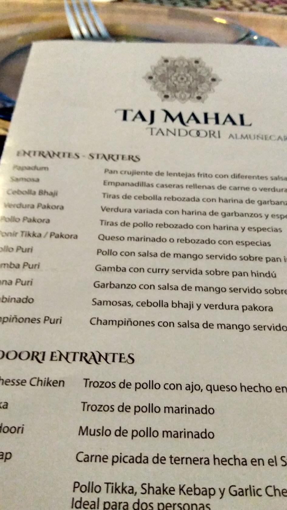Carta del restaurante Taj Mahal Tandoori Almuñecar, Almuñécar