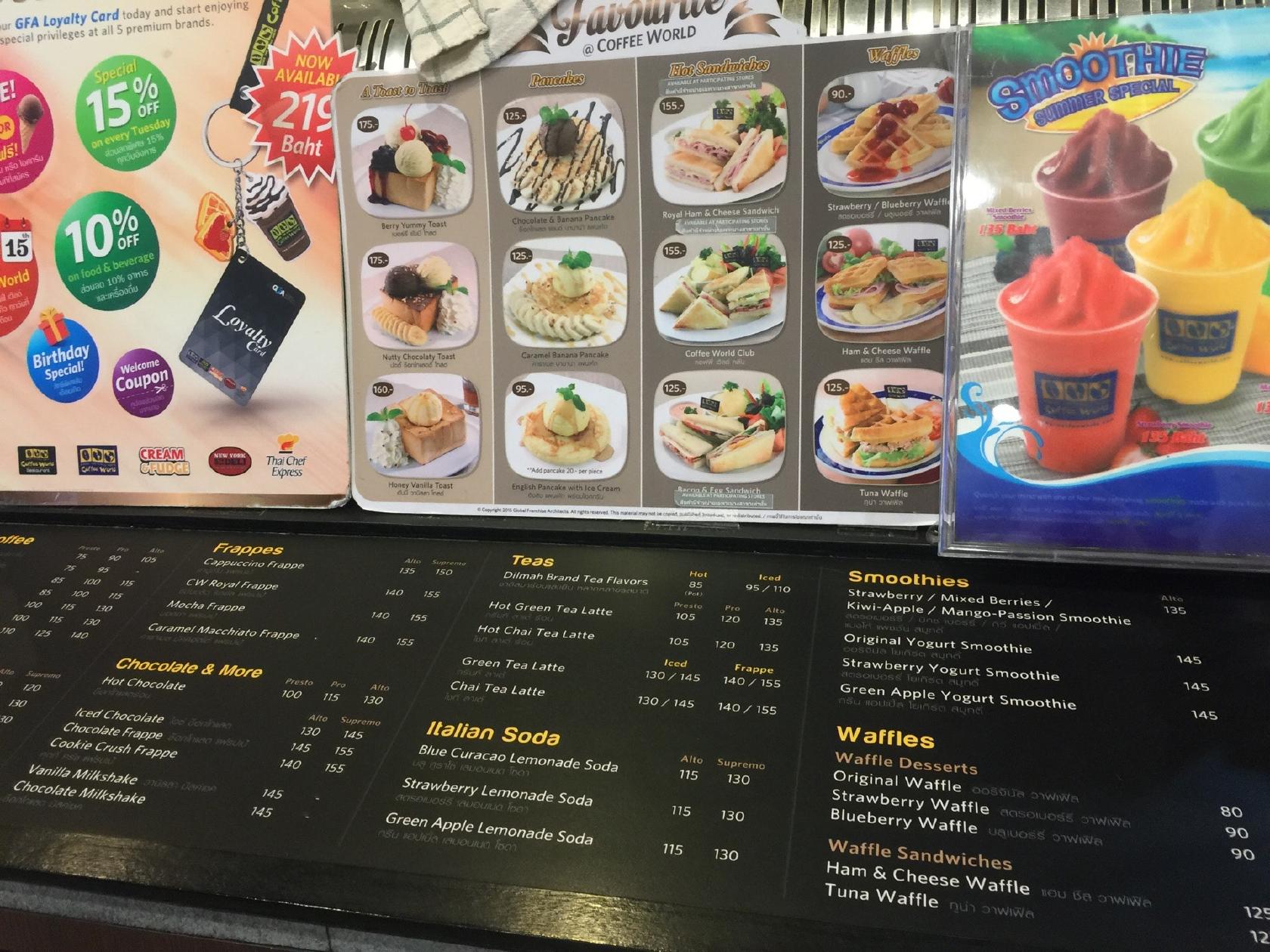 Menu at Coffee World cafe, Bangkok