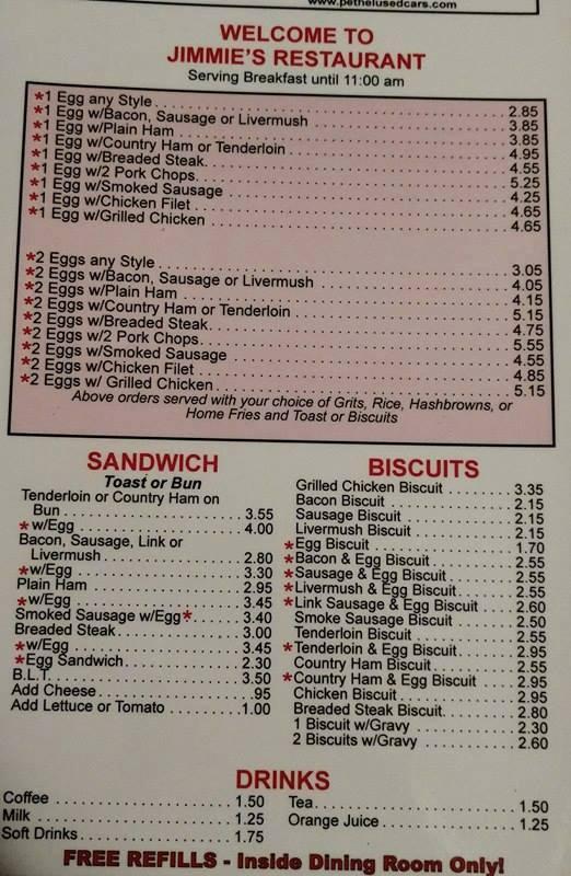 Menu at Jimmie's Restaurant, China Grove