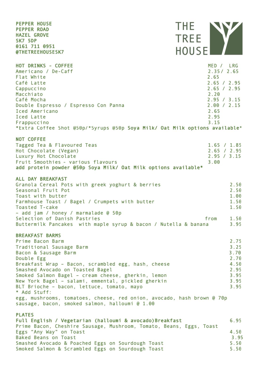 Menu at The Tree House Cafe, Stockport