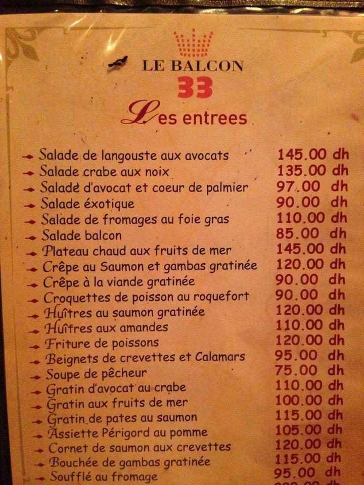 Menu au Le Balcon 33 restaurant, Casablanca, 33 Bd La Corniche