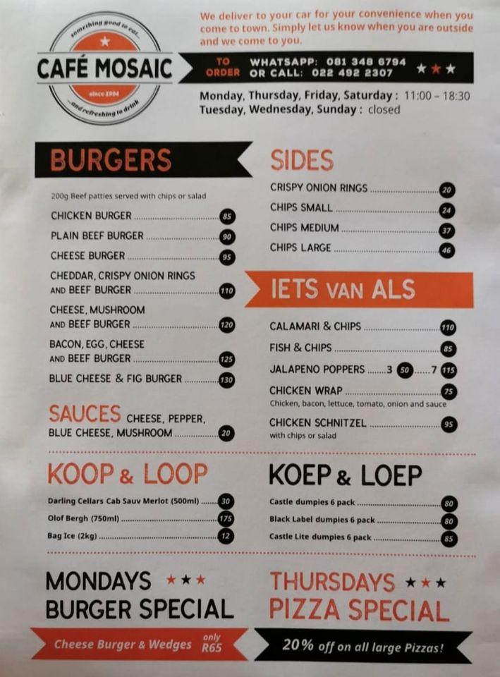 Menu at Cafe Mosaic, Darling, Main Street