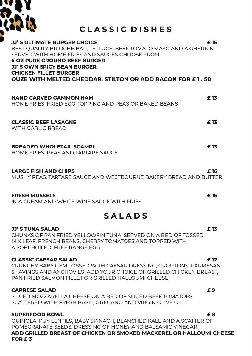 Menu at JJ's pub & bar, Emsworth