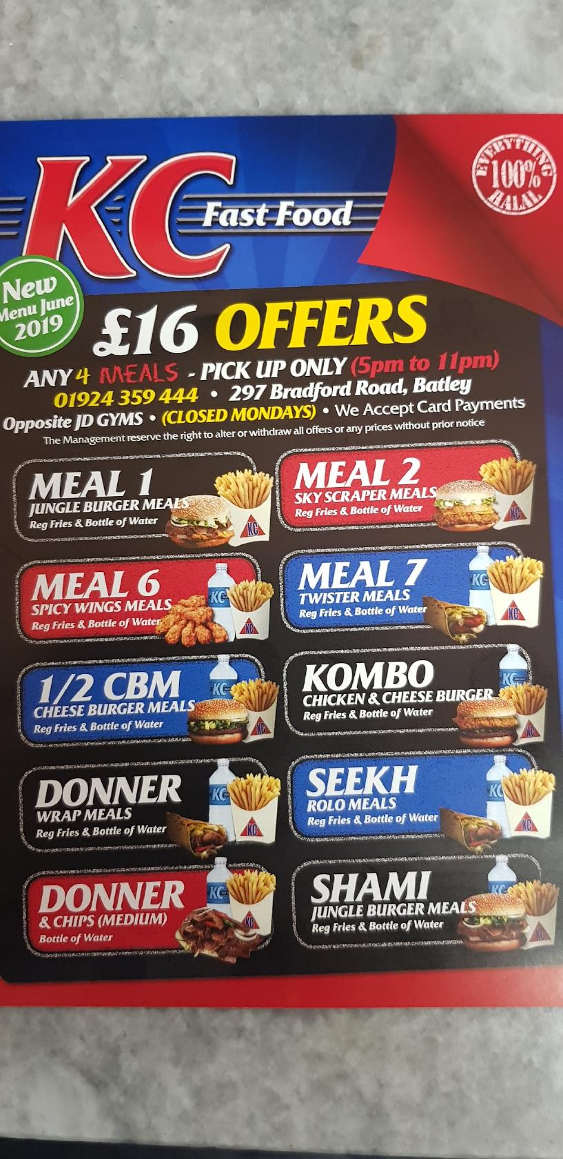 Menu at KC Fast Food & Milkshakes, Batley