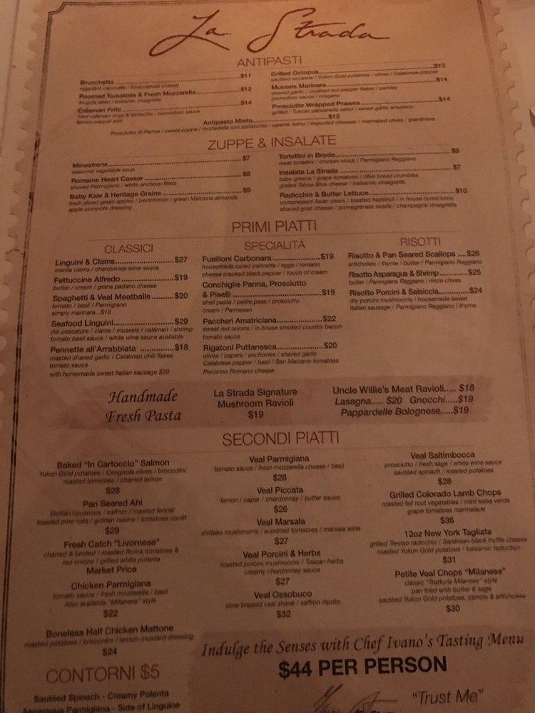 Menu at La Strada restaurant, Reno