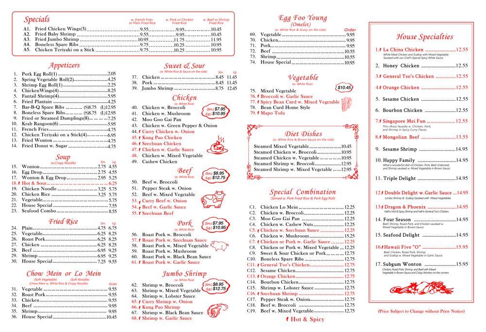 Menu at LaChina restaurant, Orlando, S Chickasaw Trail