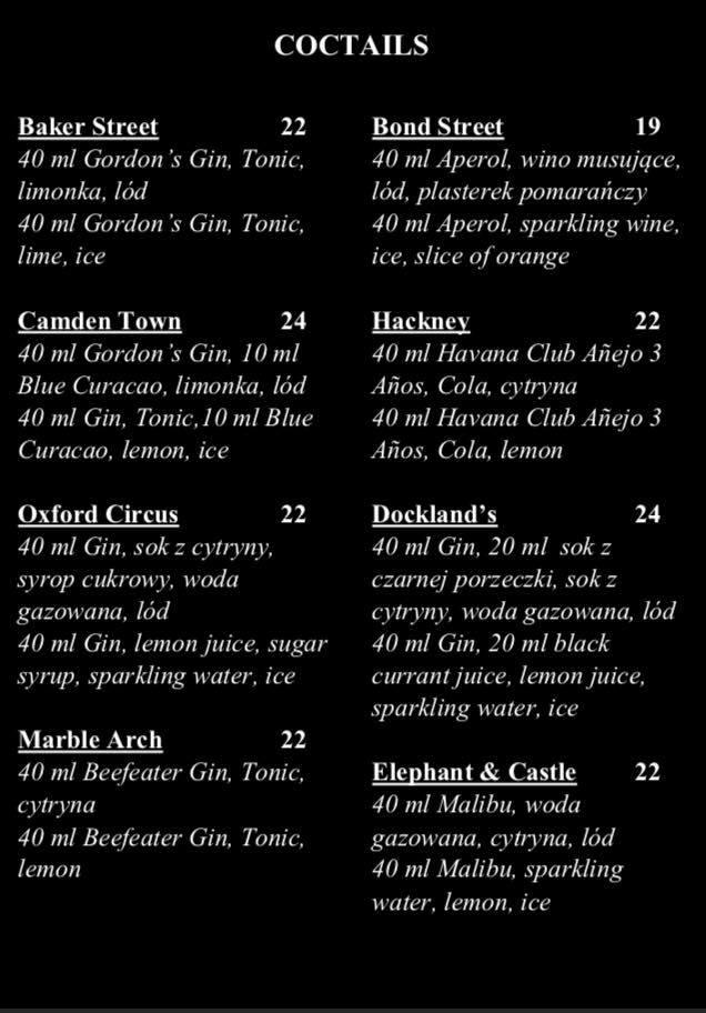 Menu at Little Britain Café & Bar, Kraków